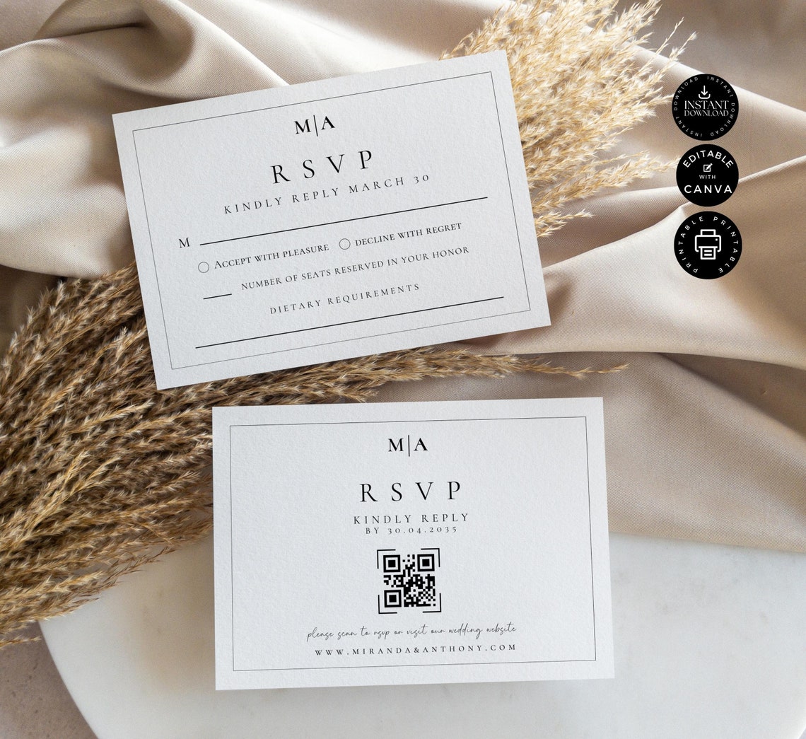 Minimalist QR Code & Traditional Wedding RSVP Card Template, Modern ...