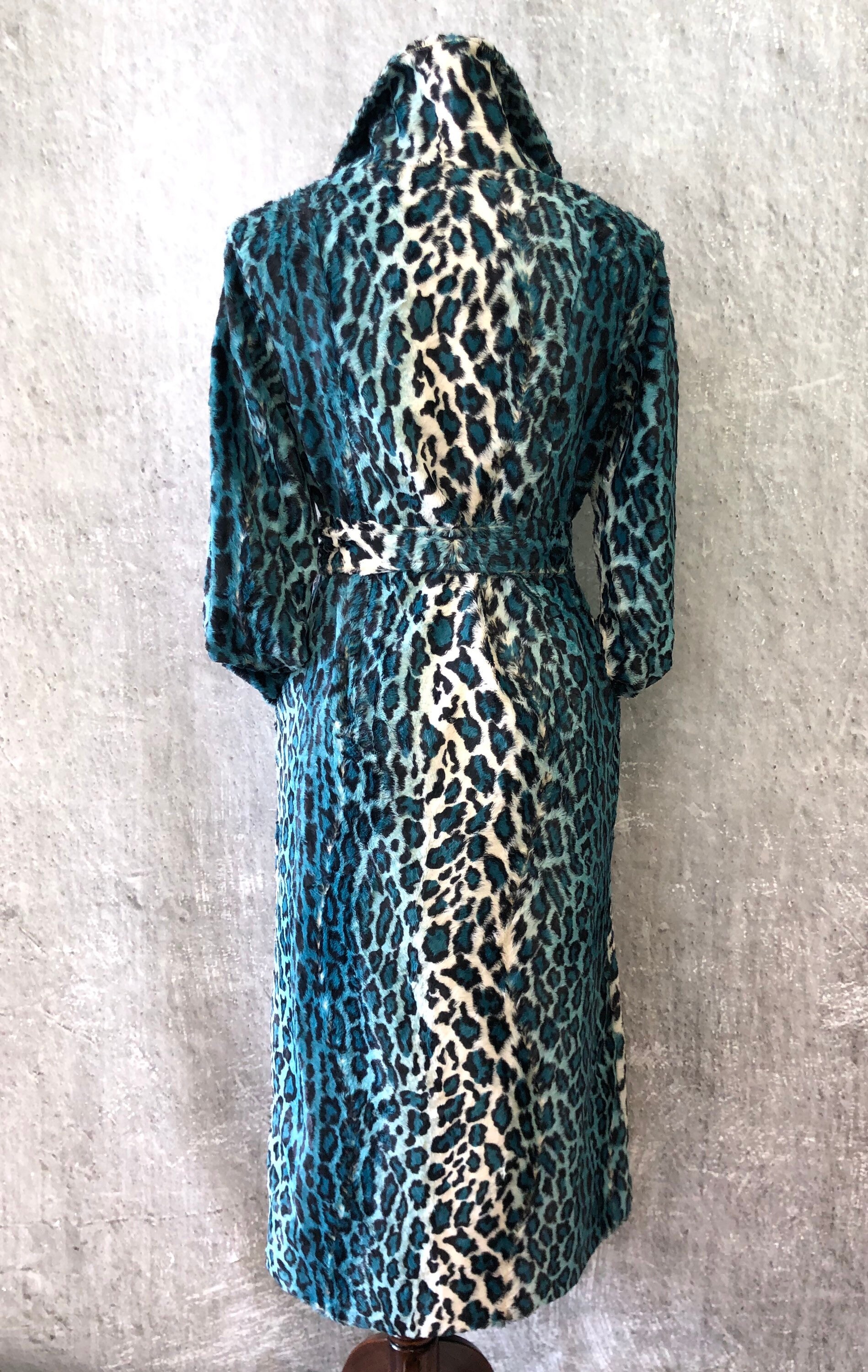 Vintage Velvet Robe Coat Blue/green Faux Leopard Fur Effect - Etsy