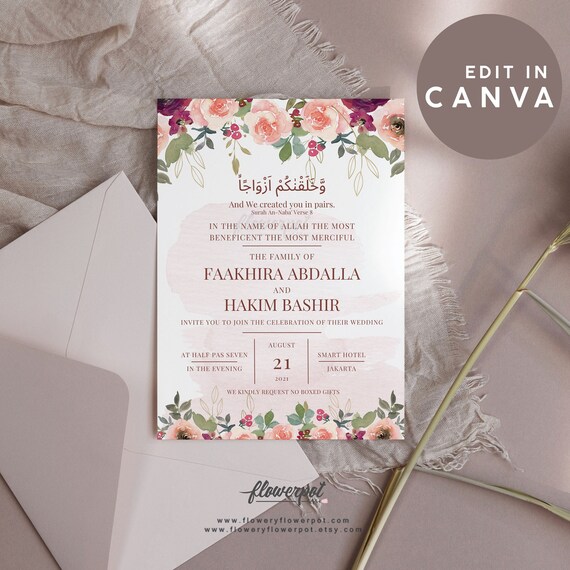 Botanical Printable Wedding Invitation Muslim Nikkah Invitation ...