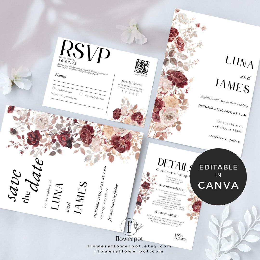 Burgundy and Rust Wedding Invitation, Red Rose Save the Date With ...