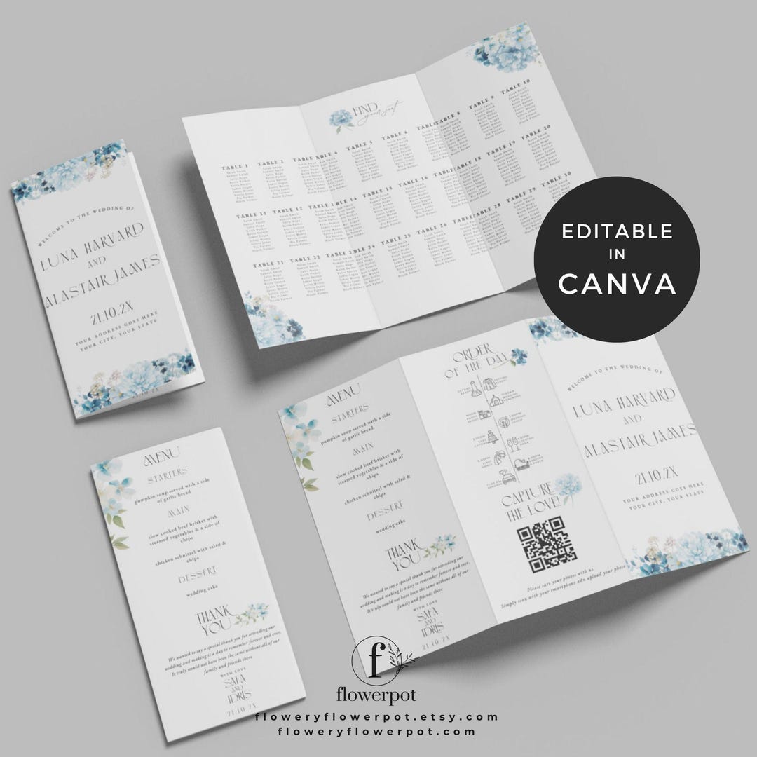 Trifold Wedding Program Template Seating Chart, Blue Hydrangea Wedding ...