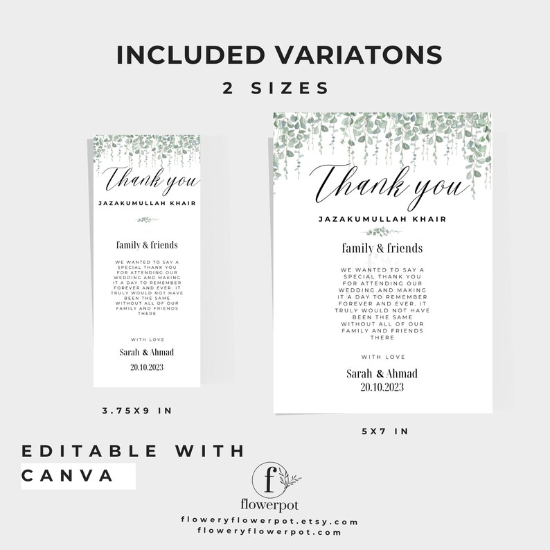 Muslim Wedding Thank You Card Template Canva, Greenery Wedding Favor ...