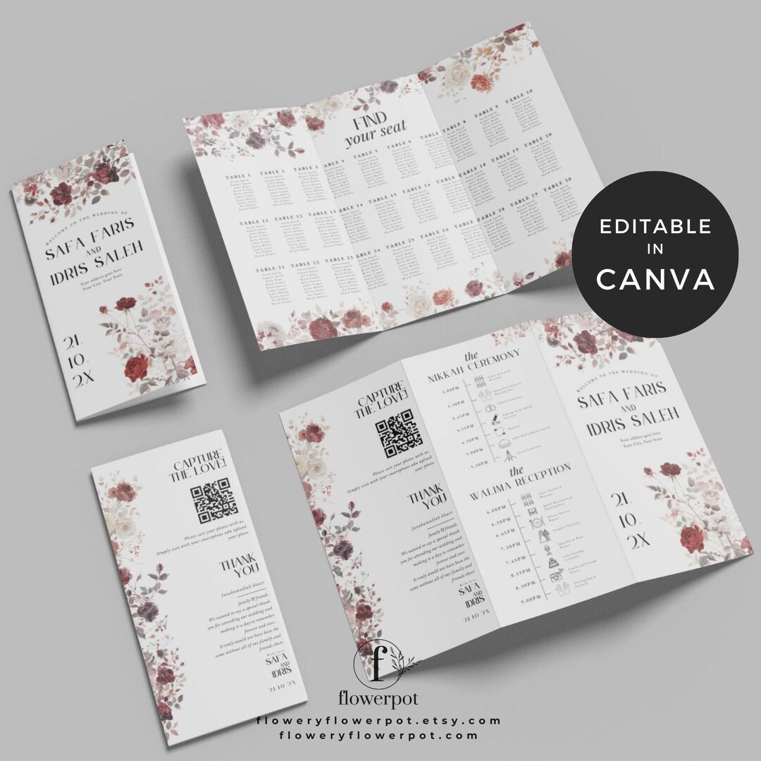 Trifold Wedding Program Brochure, Nikkah Program, Burgundy Rose Wedding ...