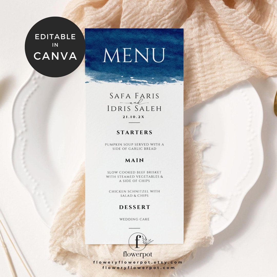 Bold Blue Menu Card, Elegant Minimalist Wedding Menu, Islamic Wedding ...