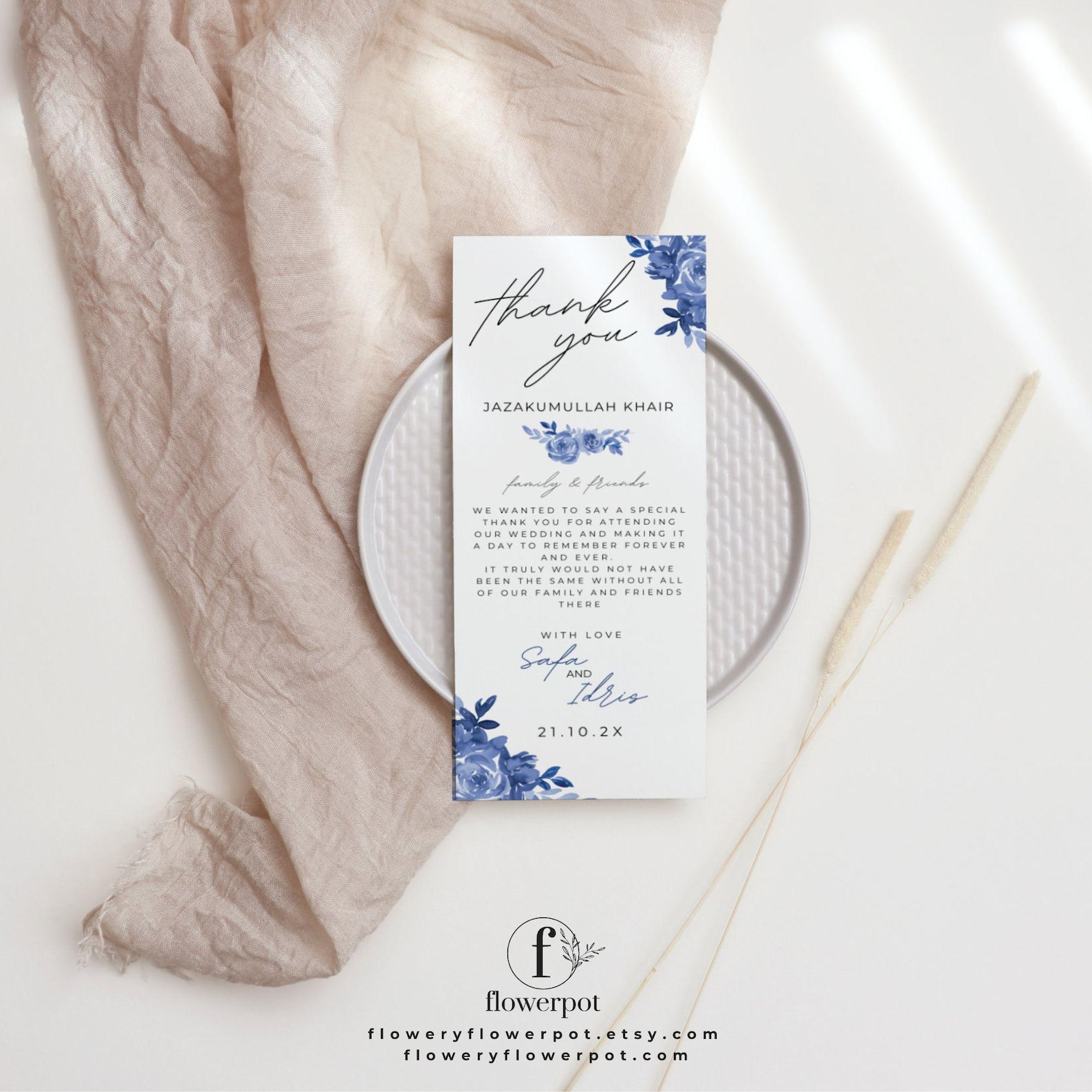 Dusty Blue Thank You Card Template, Muslim Wedding Thank You Card ...