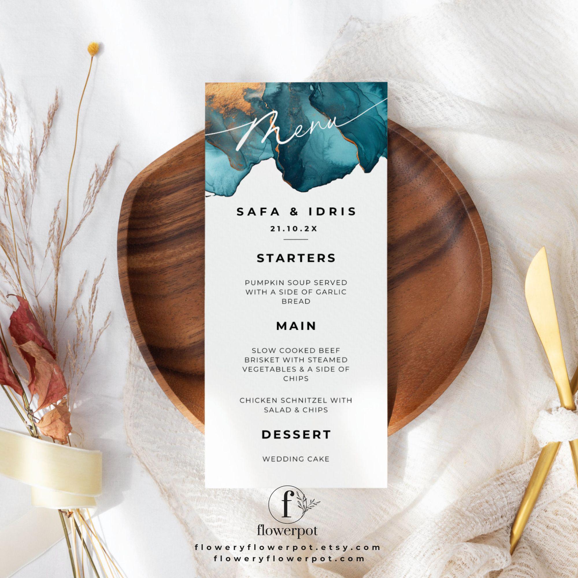 Emerald Green and Gold Wedding Menus, Elegant Menu Printable, Dark ...