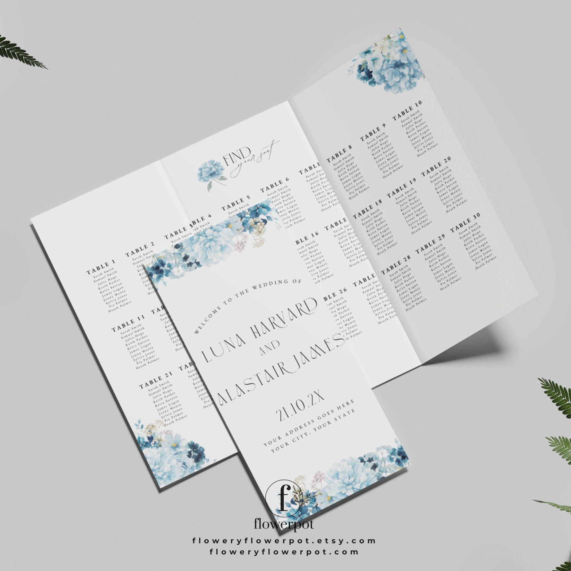 Trifold Wedding Program Template Seating Chart, Blue Hydrangea Wedding ...