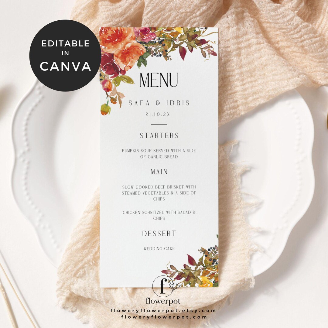Elegant Floral Fall Wedding Menu, Autumn Wedding Template, Burnt Orange ...