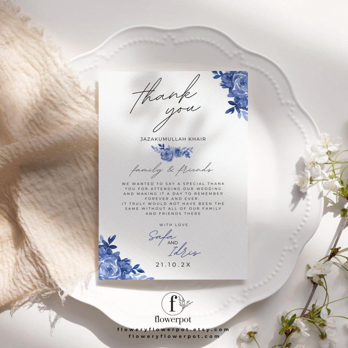 Dusty Blue Thank You Card Template, Muslim Wedding Thank You Card ...