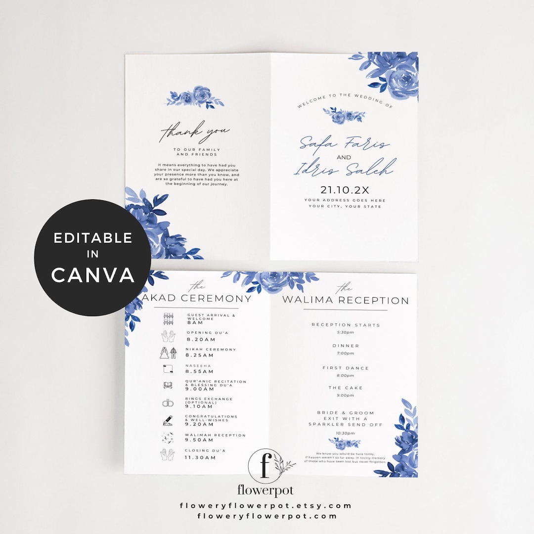 Muslim Wedding Program Dusty Blue, Islamic Wedding Program Canva ...