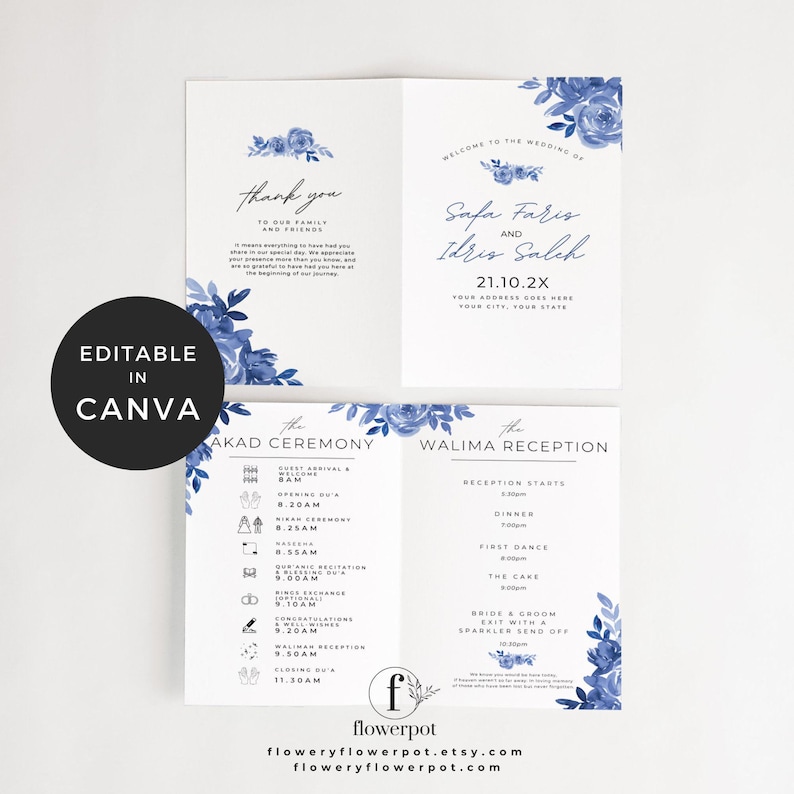 Muslim Wedding Program Dusty Blue, Islamic Wedding Program Canva Template, Muslim Wedding ...