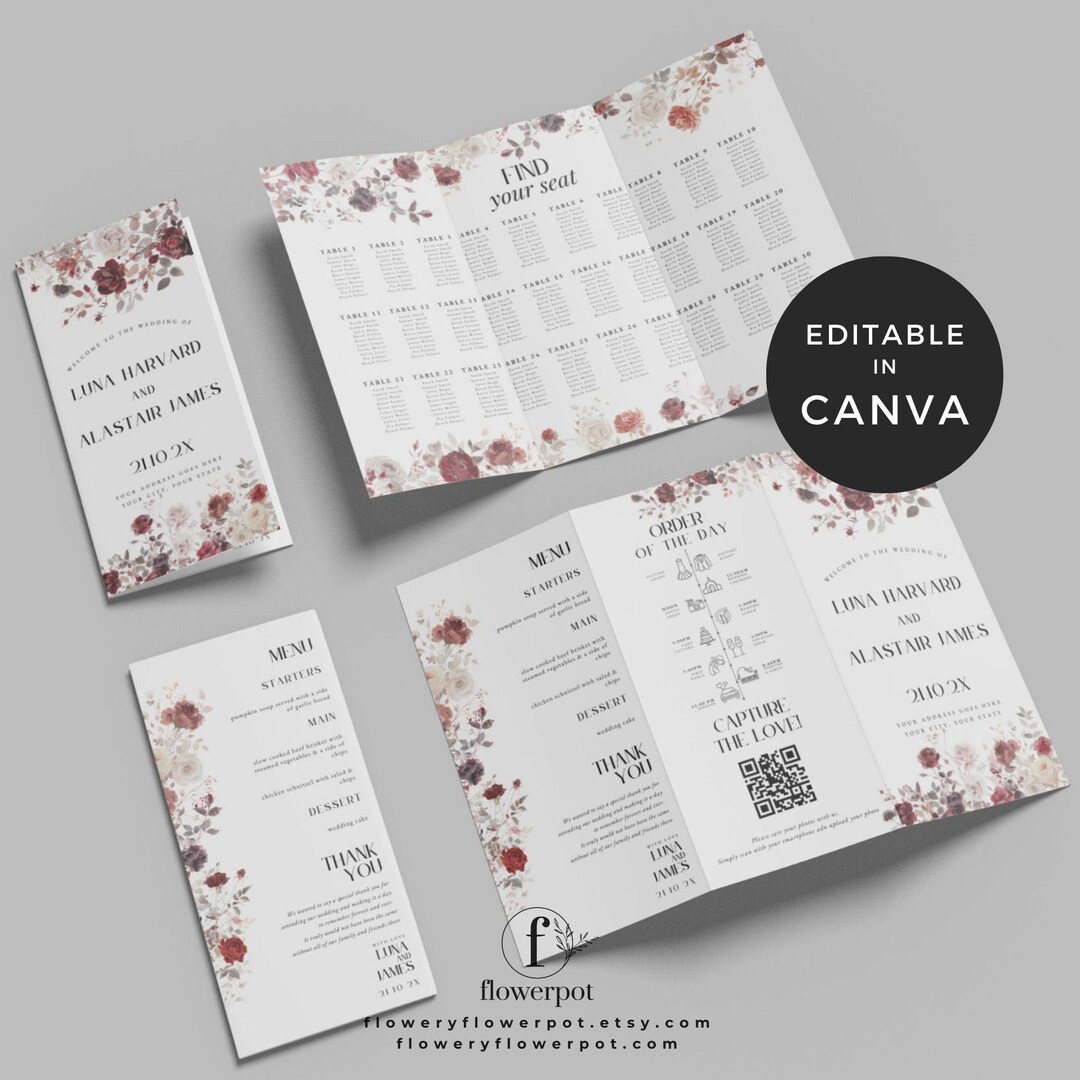 Trifold Wedding Timeline Brochure, Burgundy Rose Wedding Menu Template ...