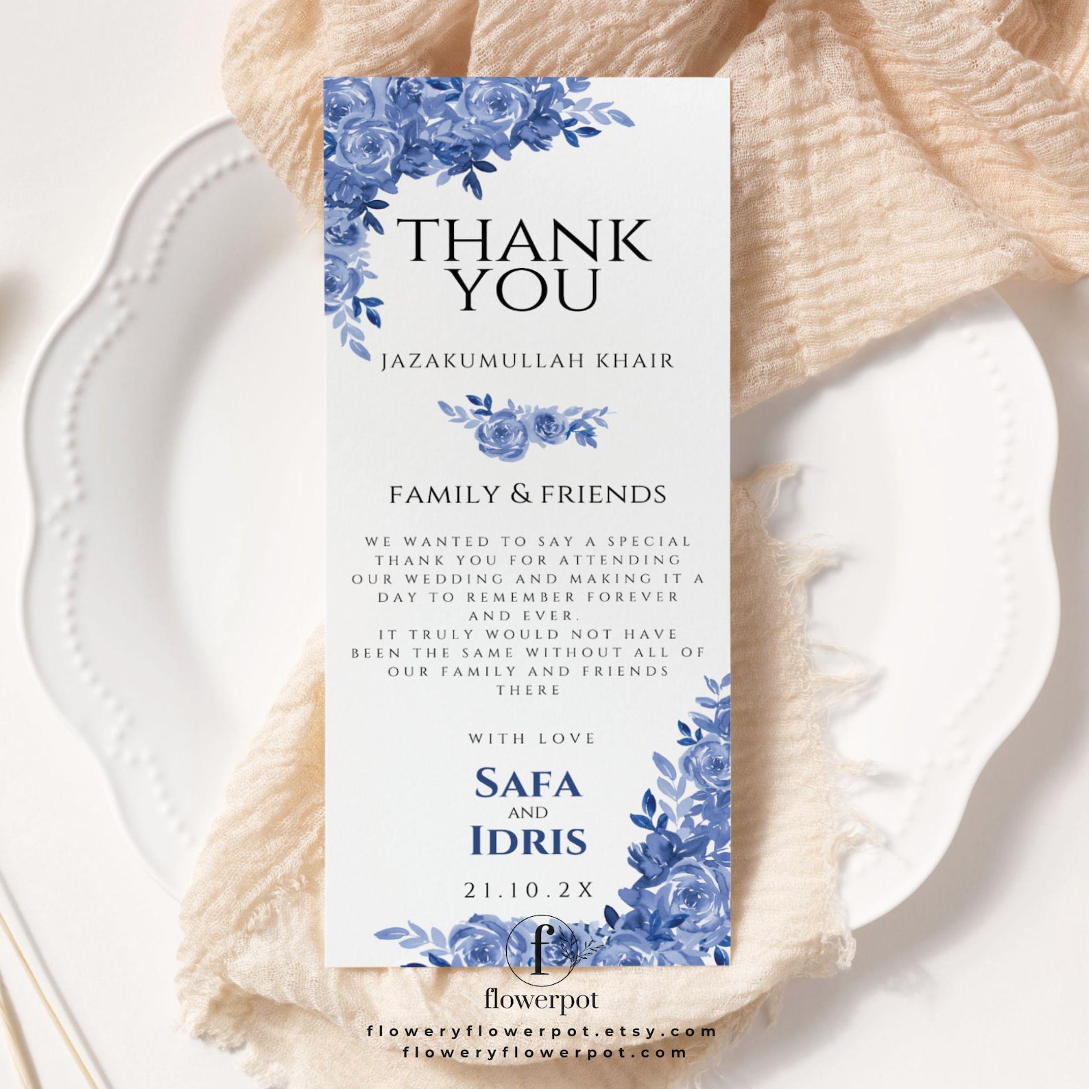 Dusty Blue Thank You Card Template, Muslim Wedding Thank You Card ...