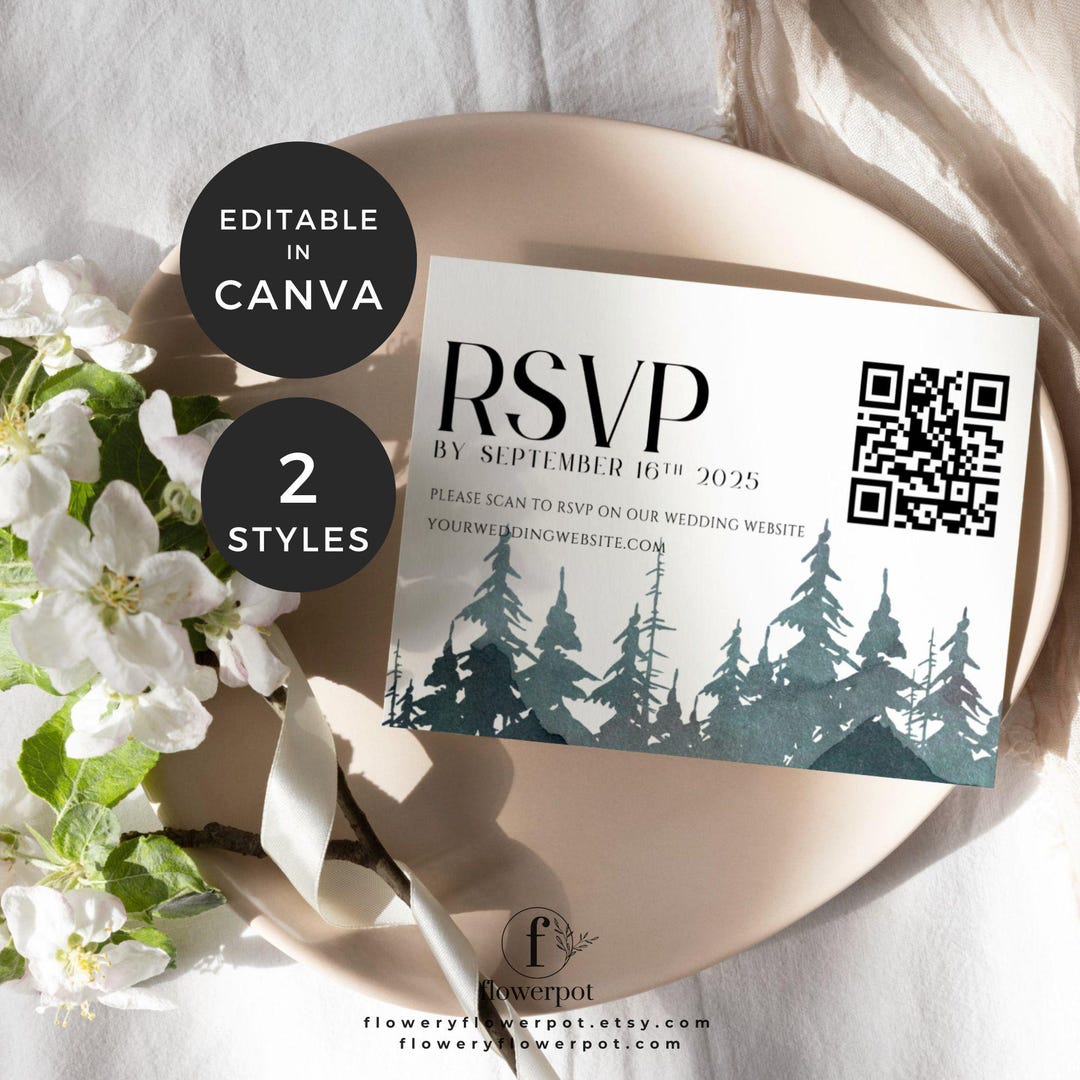 Misty Forest RSVP Card Template, Mountain Wedding Rsvp Card With QR ...