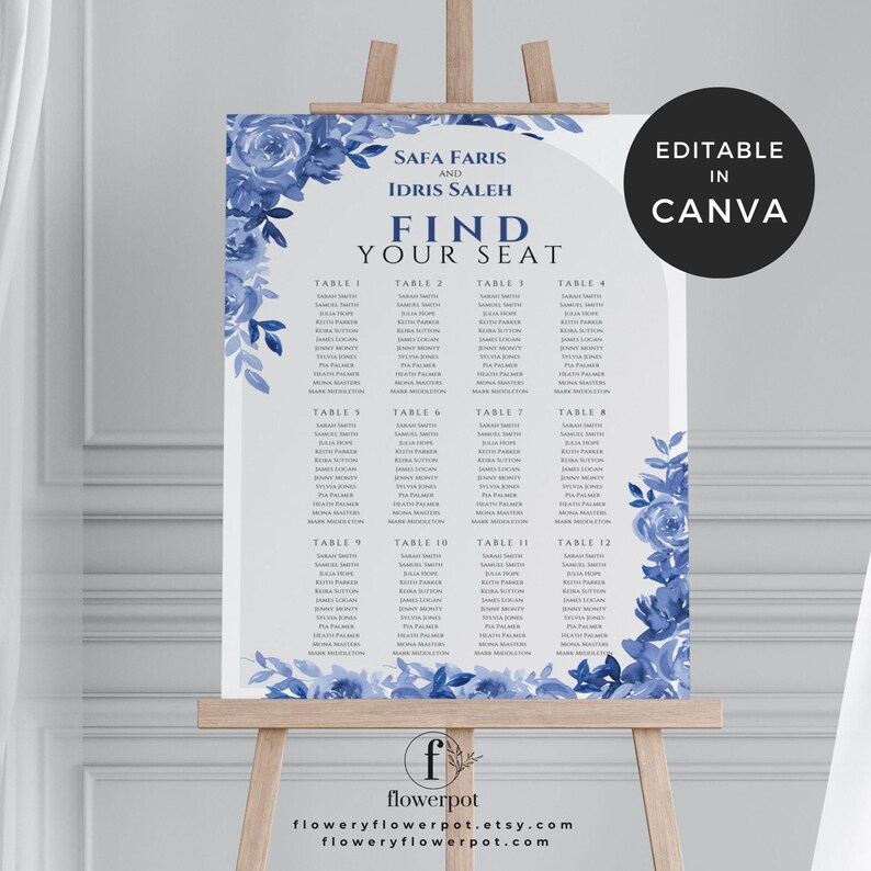 Wedding Seating Chart Card Template Dusty Blue, Rustic Table Seating ...