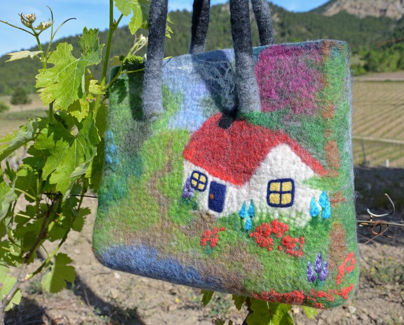 Felted Bag Gray Bag With Charming Countryside Landscape Unique Tote Bag ...