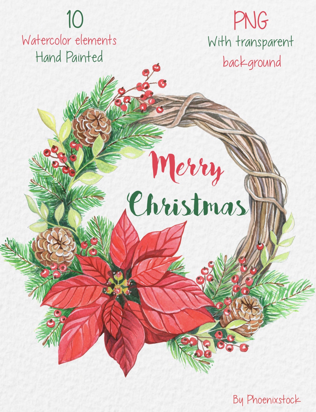 Watercolor Christmas Clipart/ Christmas Wreath Clip Art/ Watercolor Red ...