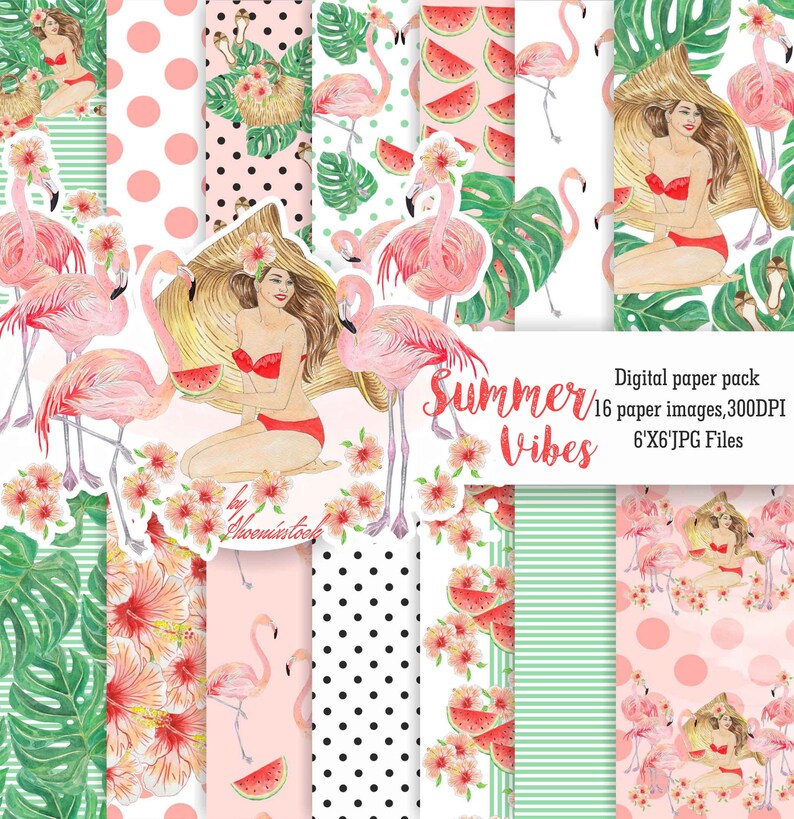 Watercolor Flamingo Paper Pack Digital Paper Flamingo Scrapbook Summer ...