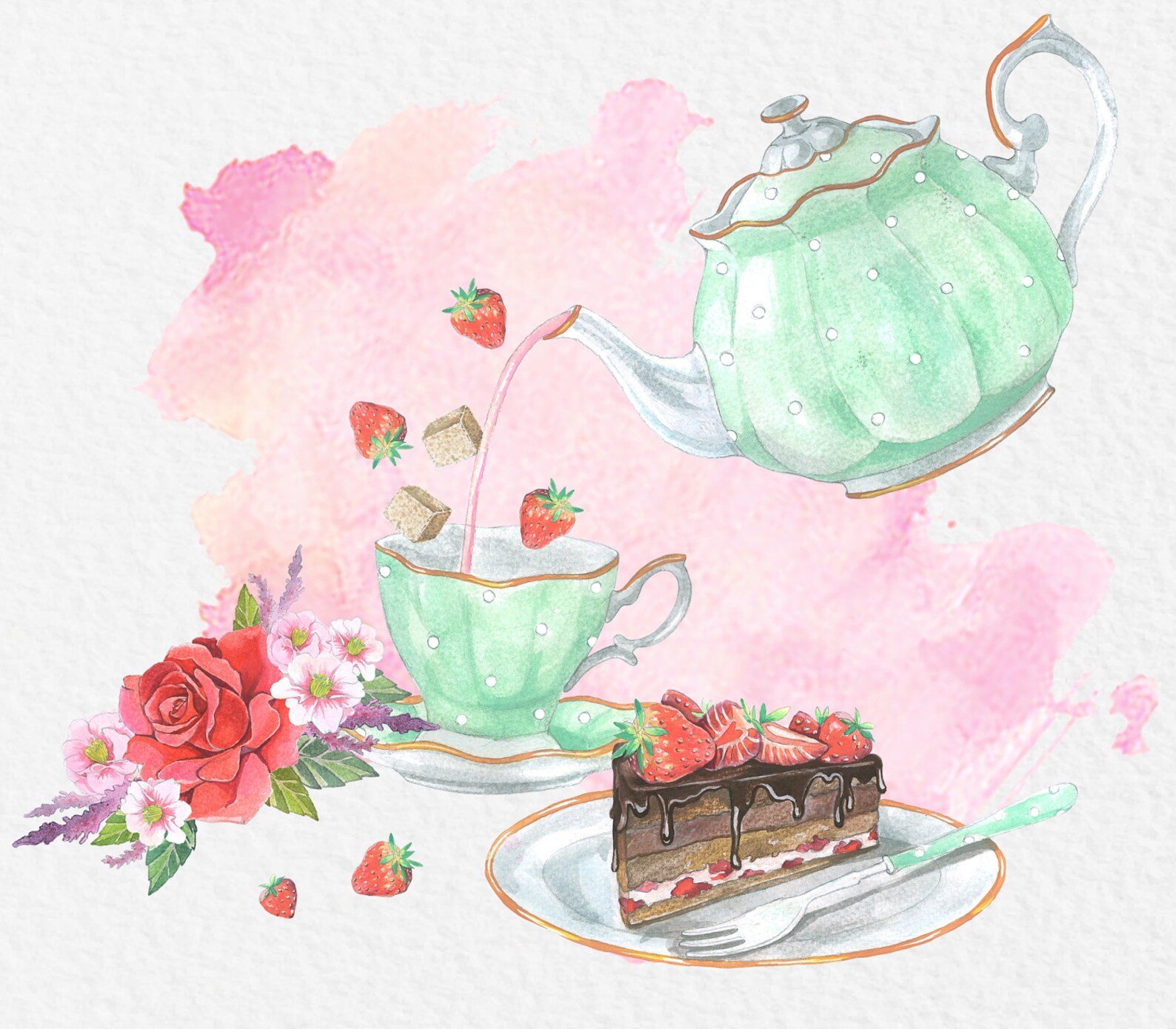 Watercolor Tea Party/watercolor Clipart/wreath Clip Art/watercolor Food ...