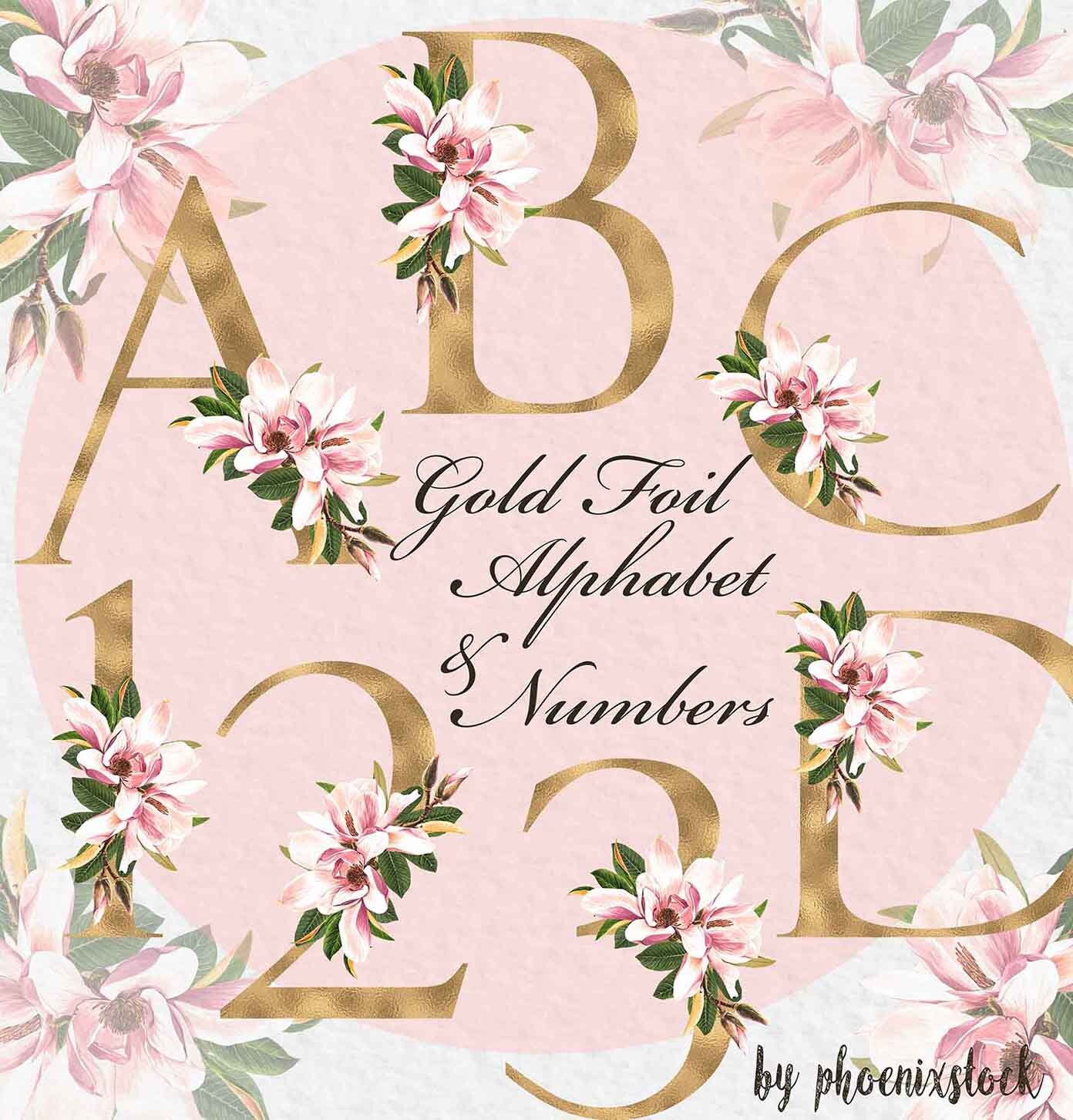Gold Alphabet Foil Effect Floral Alphabet Clip Art Wedding Bridal Logo ...