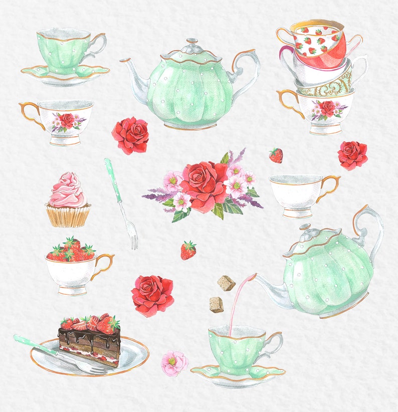 Watercolor Tea Party/watercolor Clipart/wreath Clip Art/watercolor Food ...