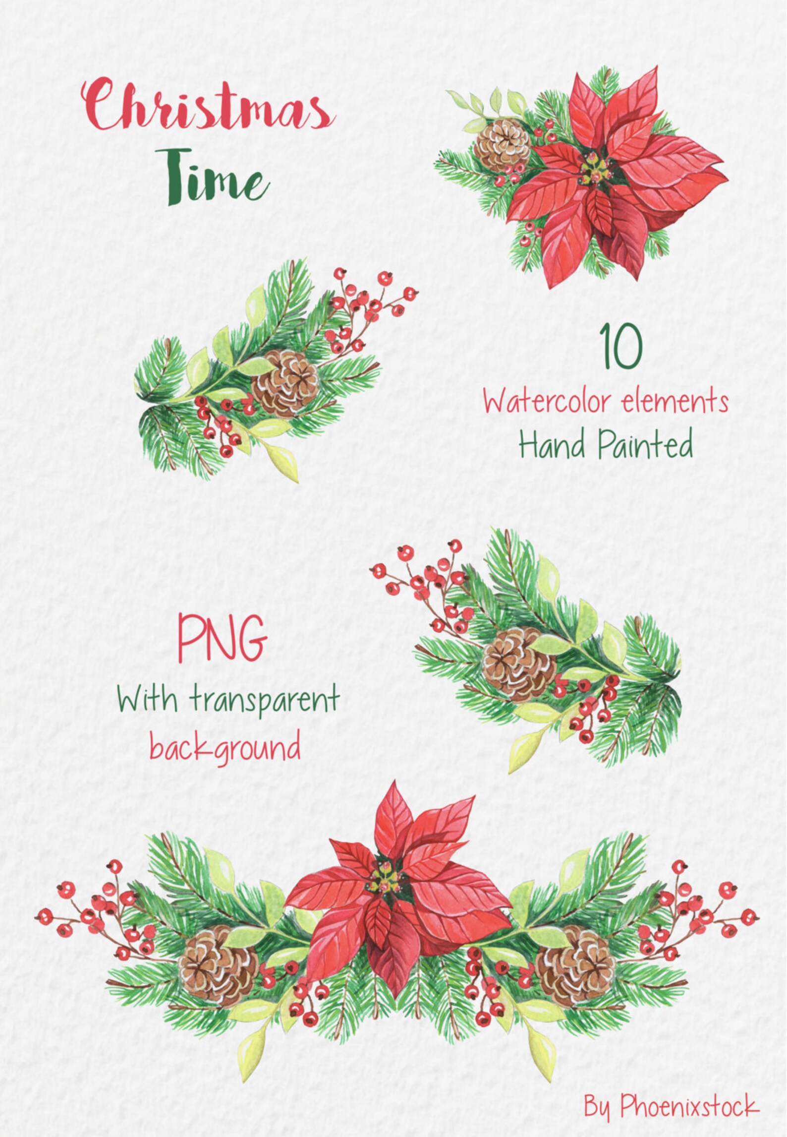 Watercolor Christmas Clipart/ Christmas Wreath Clip Art/ Watercolor Red ...
