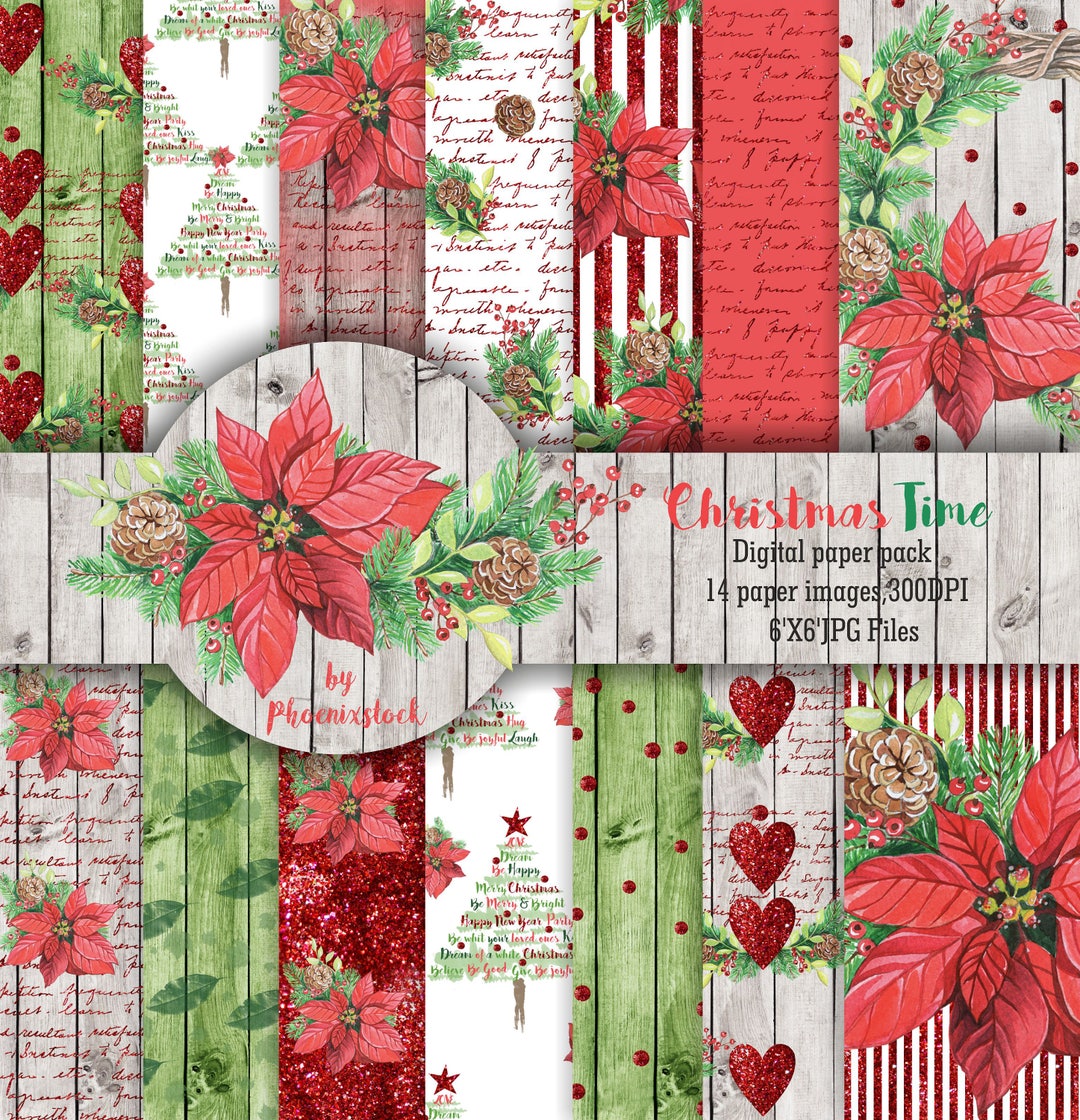 Christmas Paper Pack Watercolor Christmas Wreath Christmas Star Digital ...