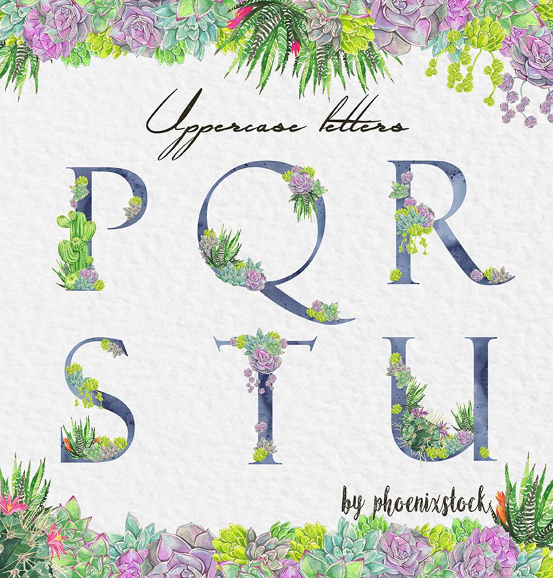 Watercolor Cactus Alphabet Succulent Watercolor Clipart Alphabet Floral ...