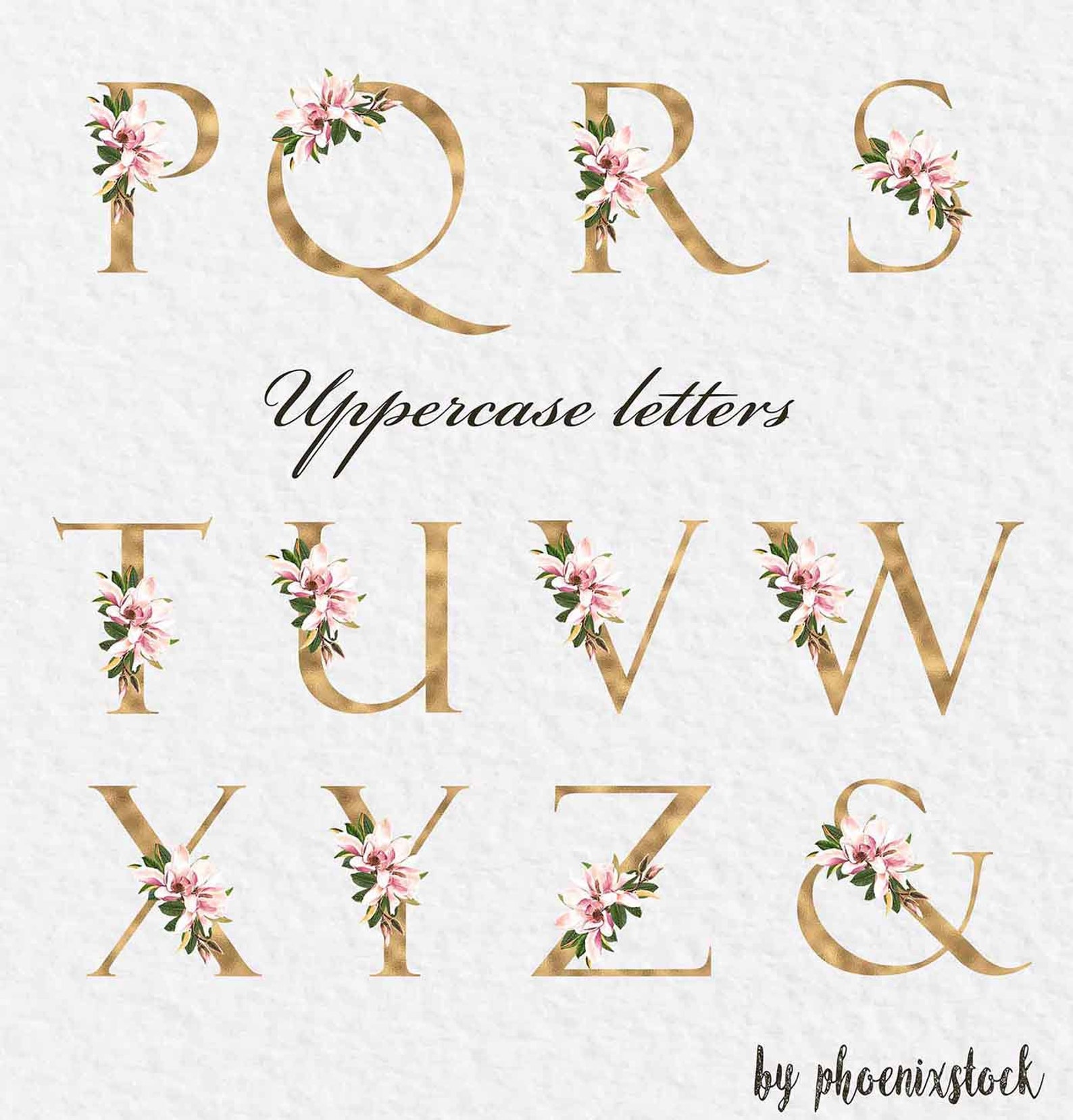 Gold Alphabet Foil Effect Floral Alphabet Clip Art Wedding Bridal Logo ...