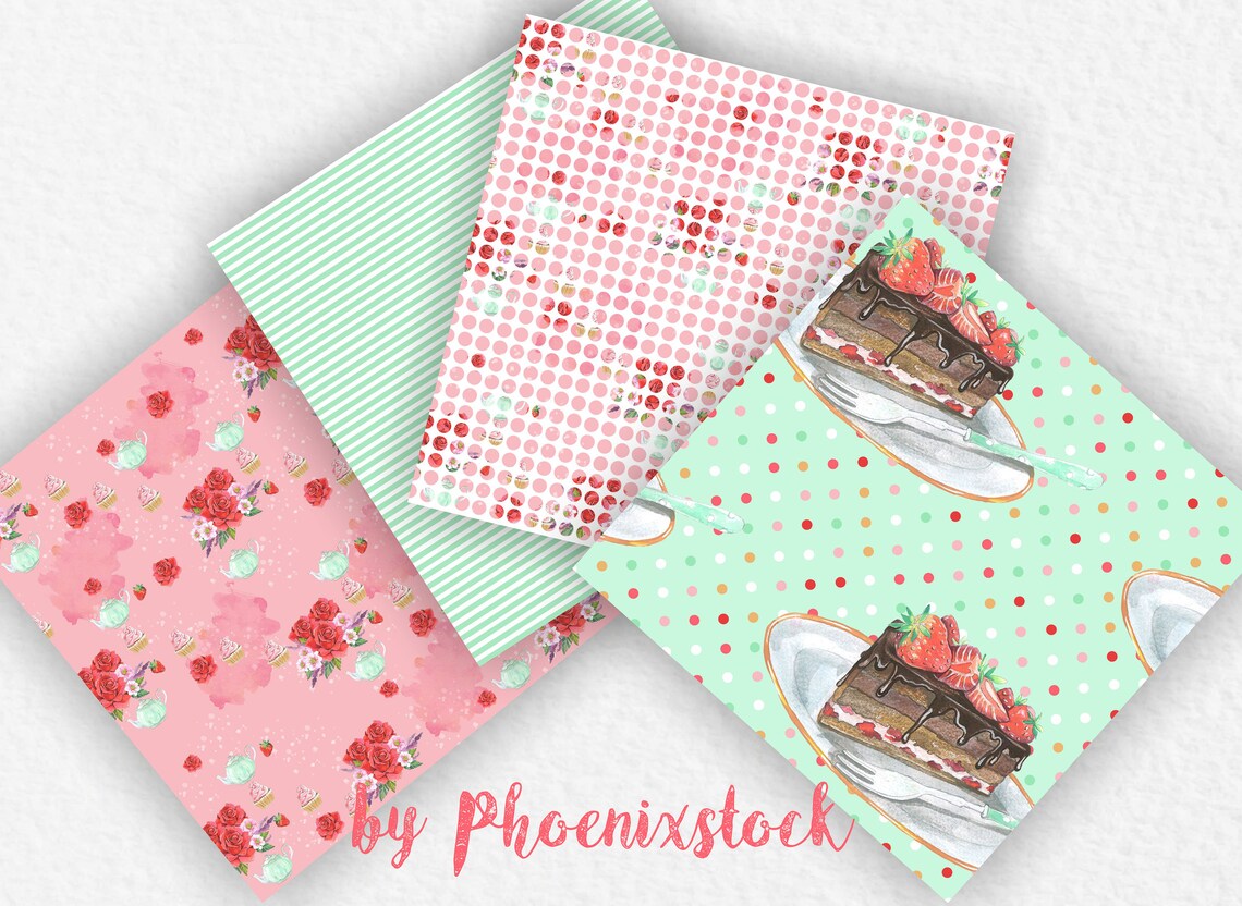 Tea Party Paper Pack Spring Paper Pack Scrapbook Watercolor Digital ...