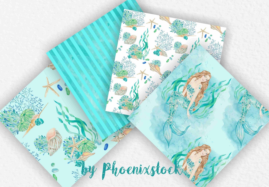 Mermaid Paper Pack Watercolor Sea Paper Pack Wedding Paper Pack ...