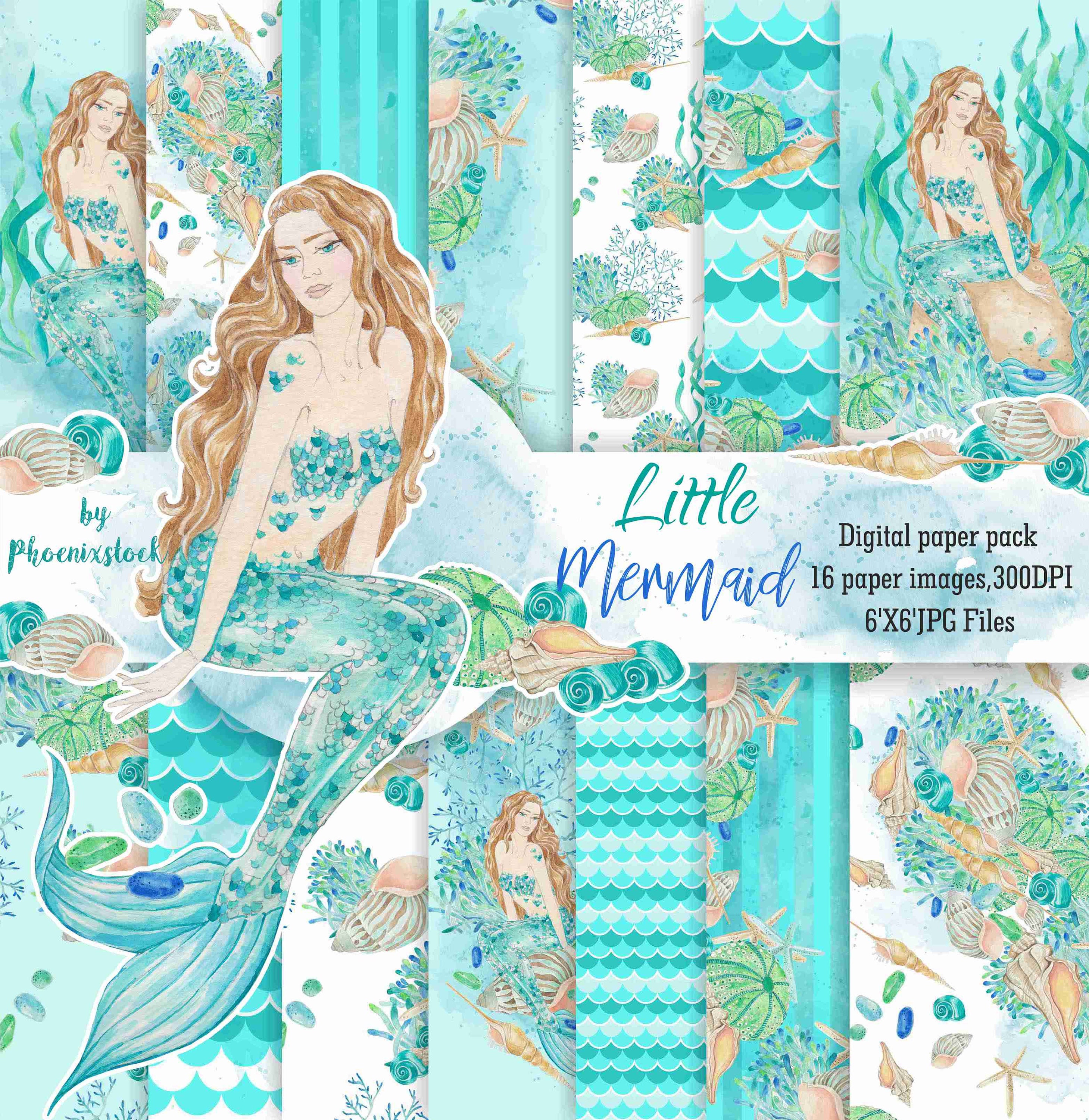 Mermaid Paper Pack Watercolor Sea Paper Pack Wedding Paper Pack ...
