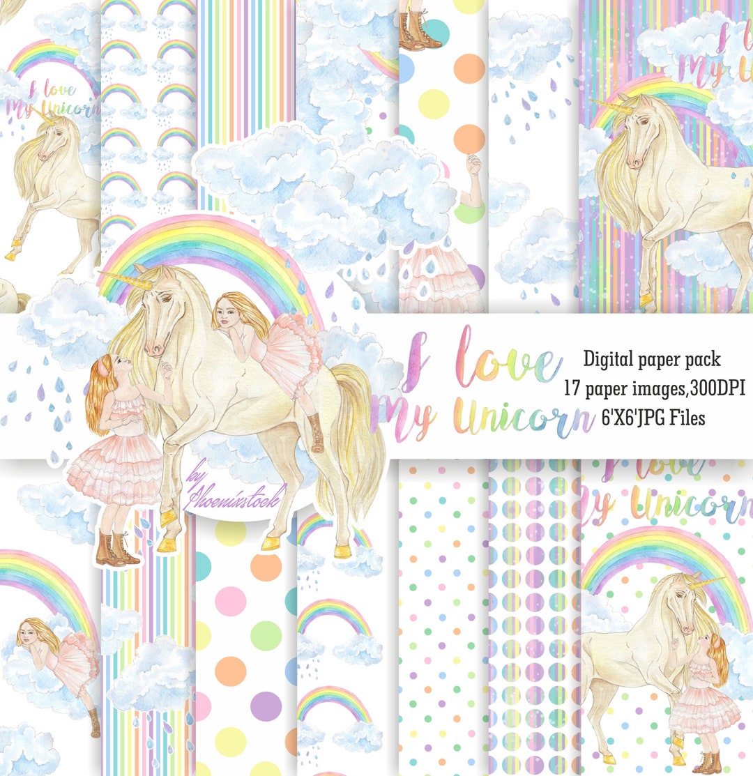 Watercolor Unicorn Paper Pack Watercolor Rainbow Paper Scrapbook Summer ...