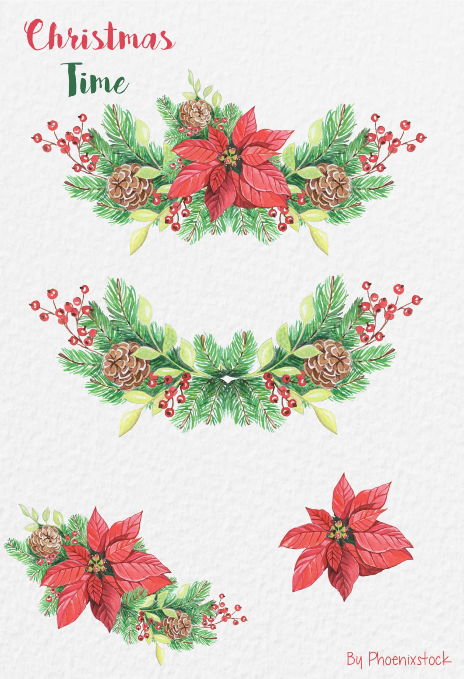 Watercolor Christmas Clipart/ Christmas Wreath Clip Art/ Watercolor Red ...
