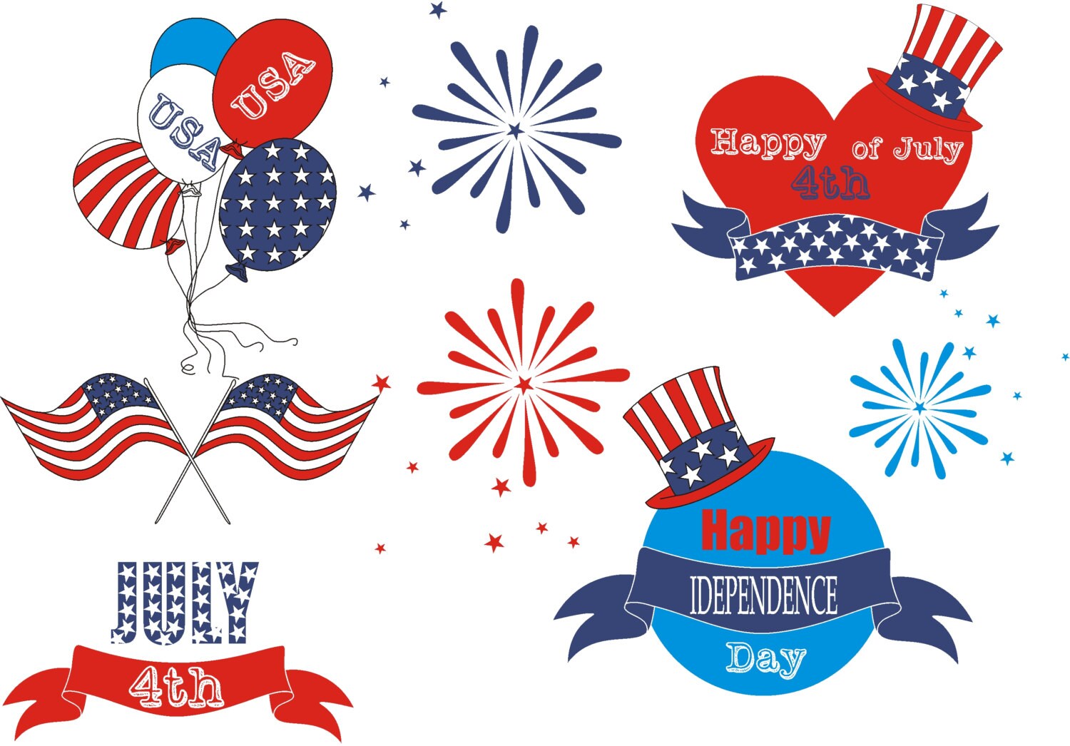 4th of July Clip Art /USA Digital Flags Clip Art / Vintage Style. Blue ...