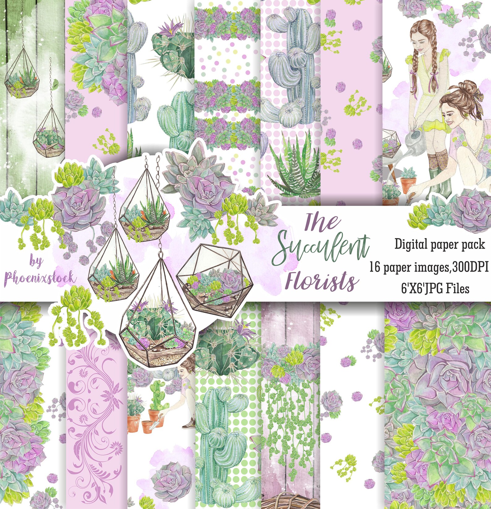 Succulent Paper Pack Summer Paper Pack Watercolor Cactus Paper Pack ...