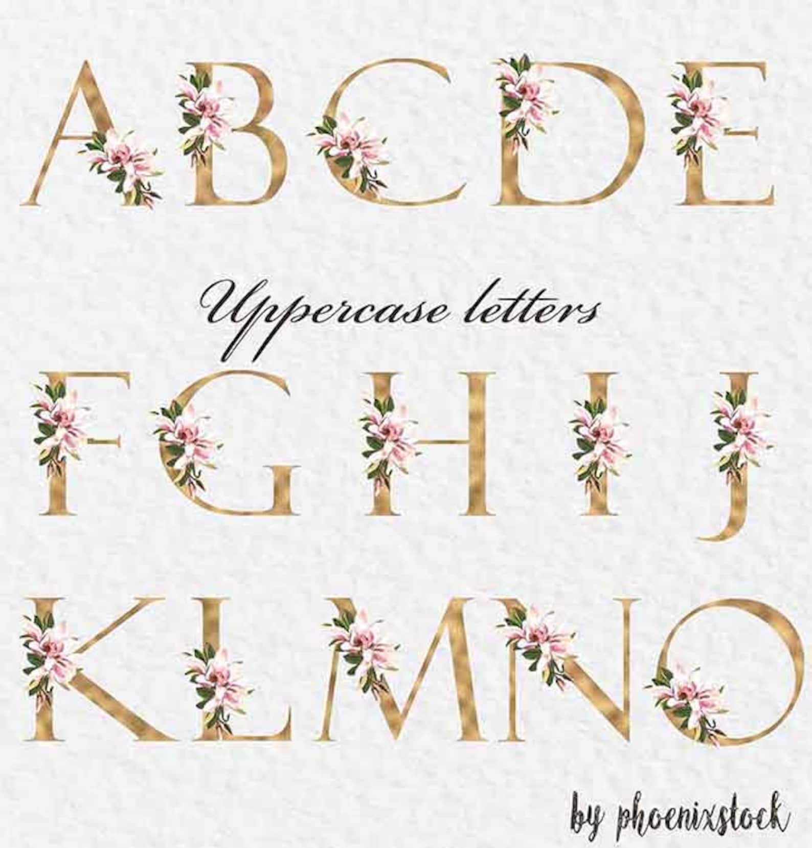 Gold Alphabet Foil Effect Floral Alphabet Clip Art Wedding Bridal Logo ...