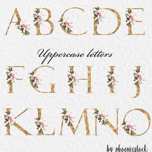 Gold Alphabet Foil Effect Floral Alphabet Clip Art Wedding Bridal Logo ...