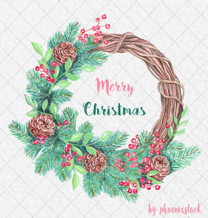 Watercolor Christmas Clipart/ Christmas Wreath Clip Art/ Watercolor ...