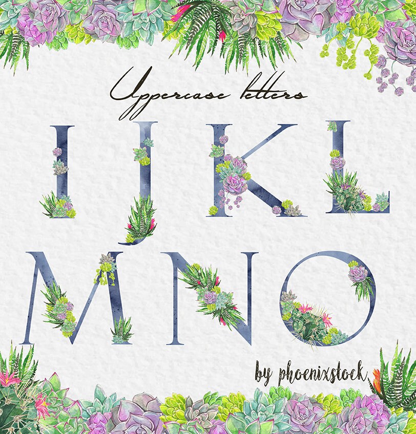 Watercolor Cactus Alphabet Succulent Watercolor Clipart Alphabet Floral ...