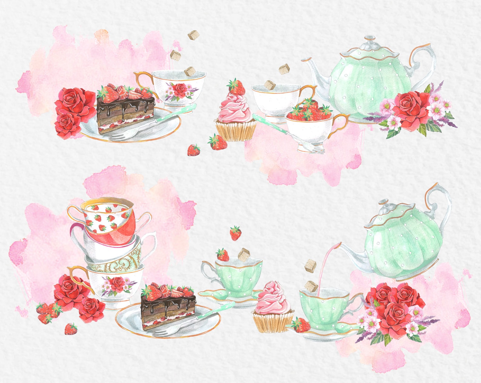 Watercolor Tea Party/watercolor Clipart/wreath Clip Art/watercolor Food ...