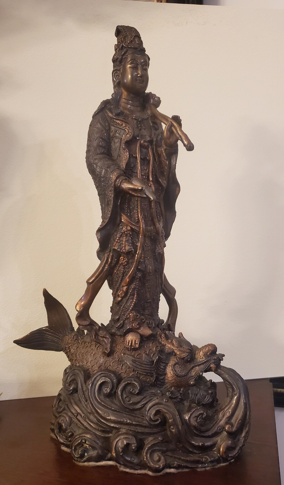 Large Heavy Vintage Guan Yin Goddess Statue With Dragon Fish Bronze ...
