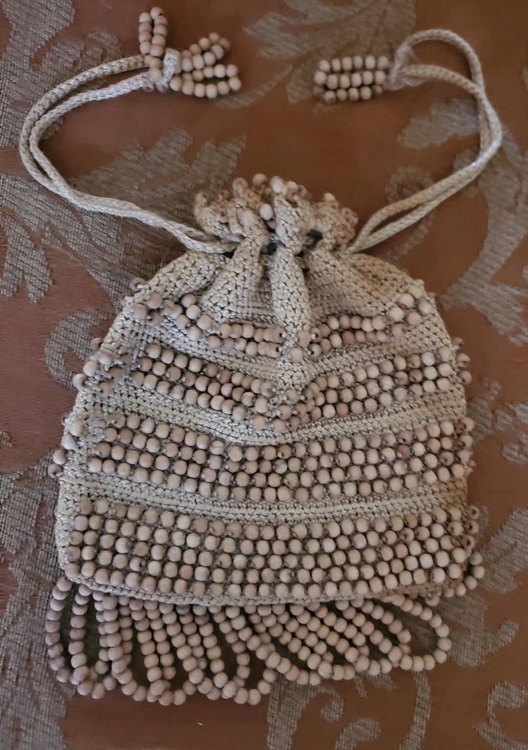 Vintage 1960s Reticule Drawstring Handbag Crochet Style Wooden Beads ...