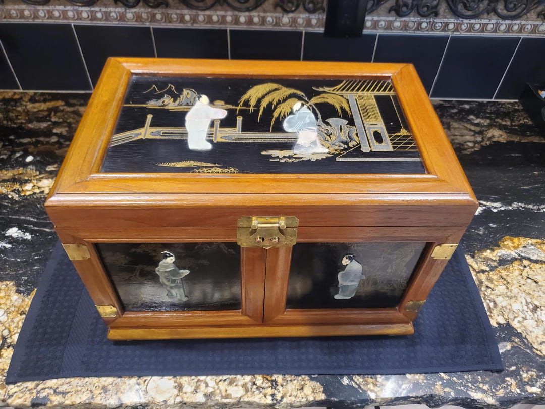 Large Vintage Japanese Jewelry Chest Box Storage Carved Figures on Top ...