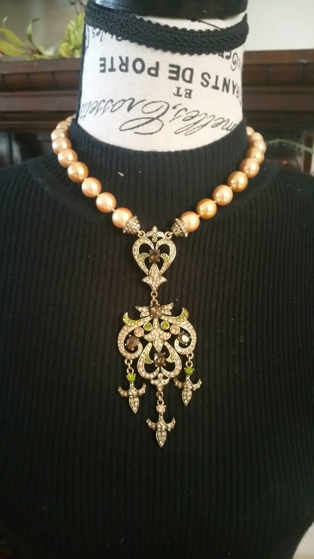 Vintage Heidi Daus Pearl Beads Pendant Necklace Ornate Statement Bold ...