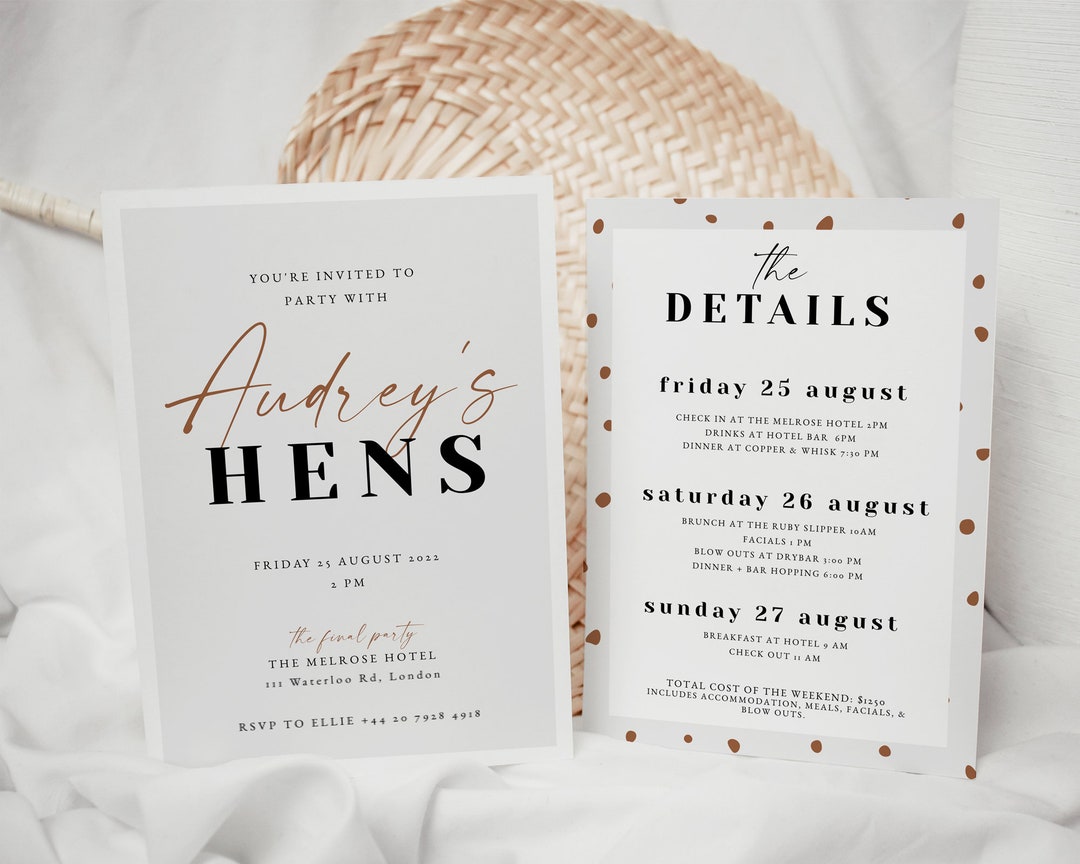 Minimalist Hen Party Invitation & Itinerary, Neutral Bachelorette ...