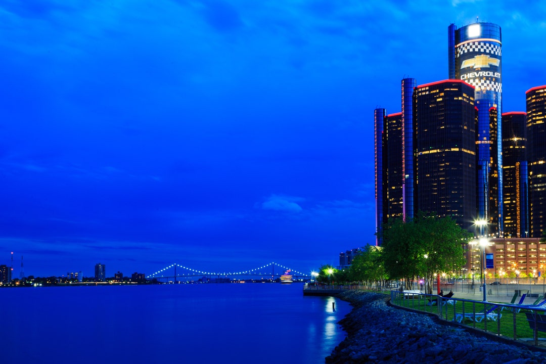 Downtown Detroit MI General Motors Night Scene Art. Office Decor. Light ...