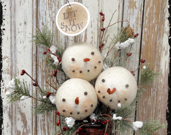 Handmade Primitive Snowman Snowball Heads in A Grungy Basket Winter or ...