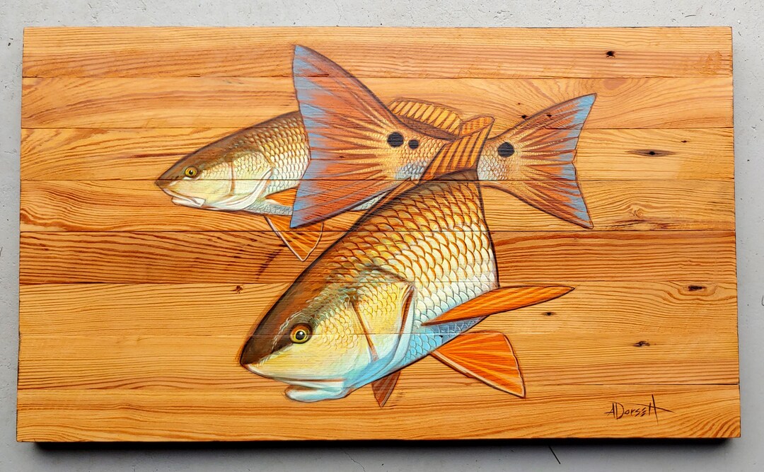 Redfish Painting on Handmade Wood Panel Rustic - Etsy