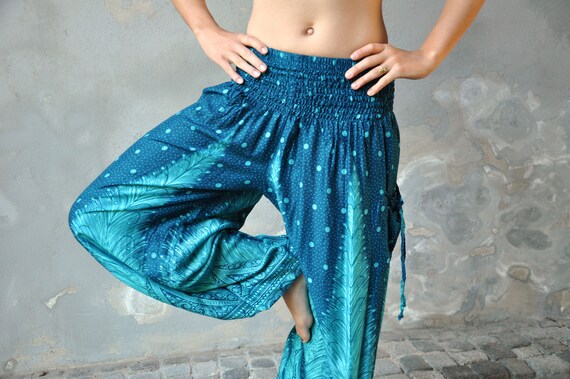 Colorful summer pants turquoise with pockets | Etsy